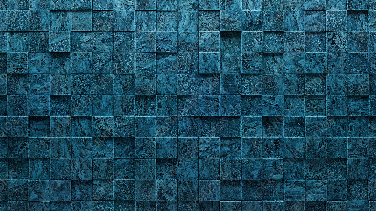 Blue Patina, Textured Mosaic Tiles arranged in the shape of a wall. Gl ...