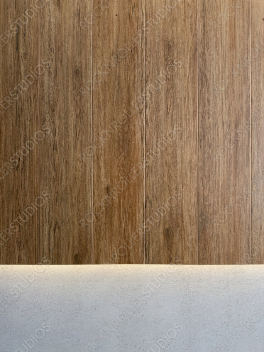 Stylish Wooden Wall Paneling with Concrete Base and Ambient Lighting ...